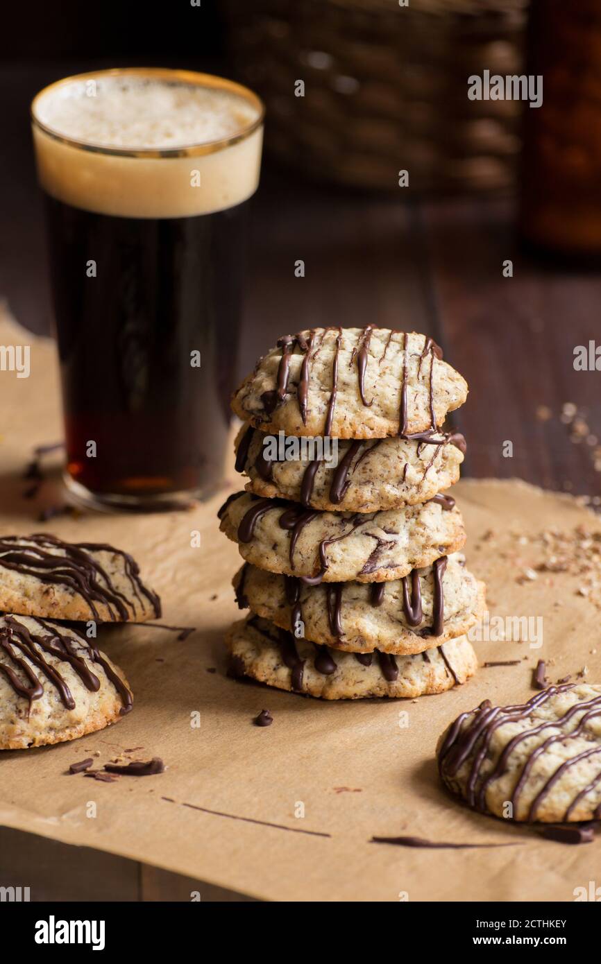 Chocolate oat cookies with drizzle Stock Photo - Alamy
