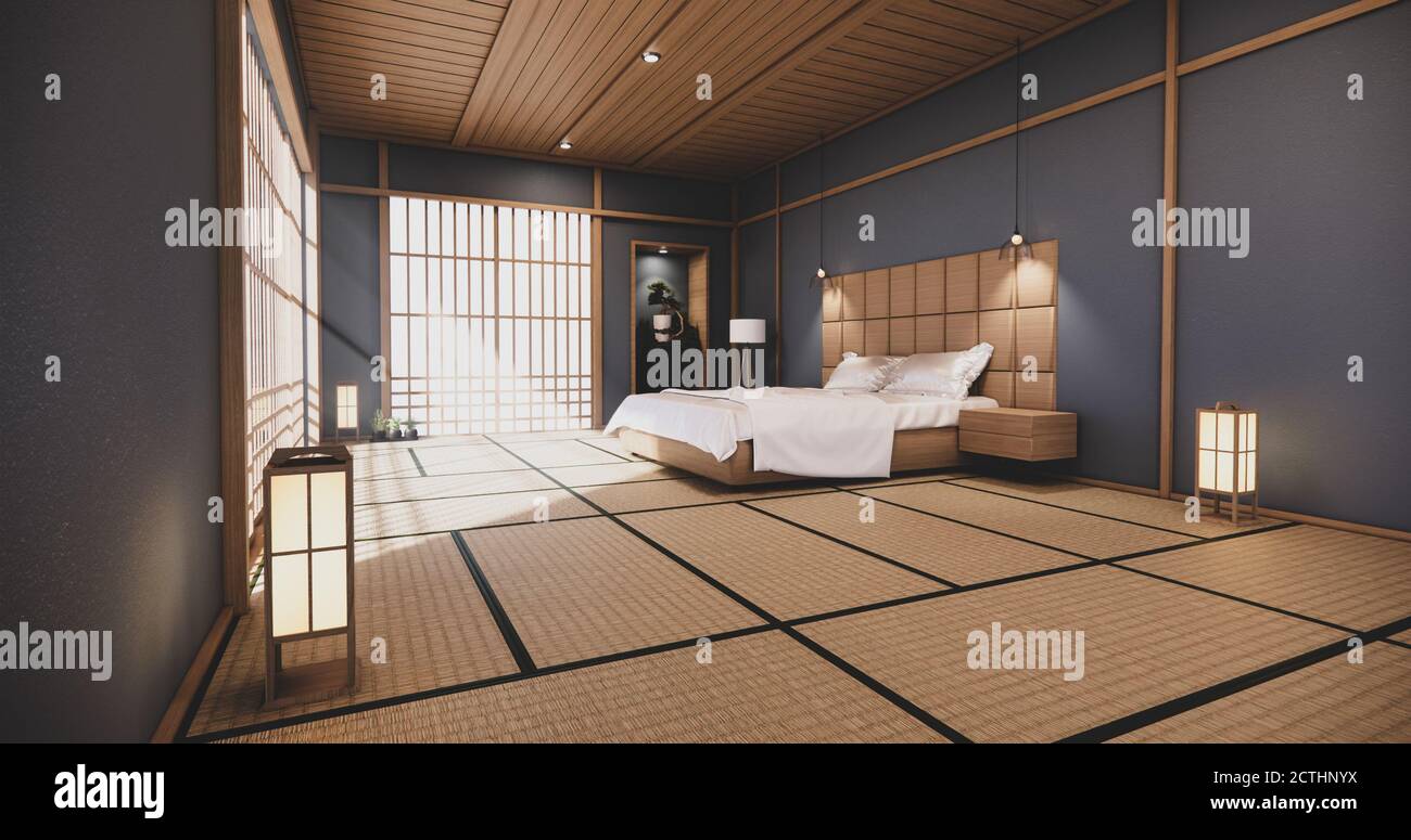 Dark blue bedroom japanese design on tropical room interior and tatami ...