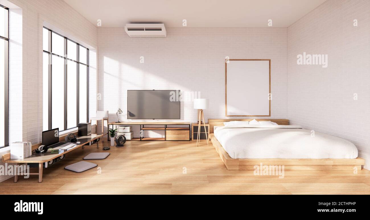 Bedroom interior loft style with Computer and office tool on desk. 3D ...