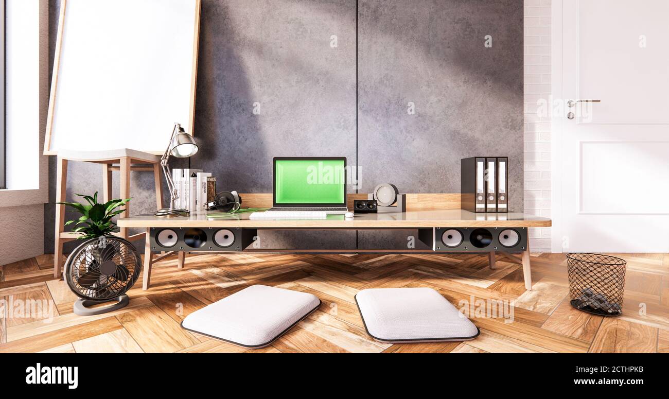 The interior Computer and office tools on mini desk in room concrete ...