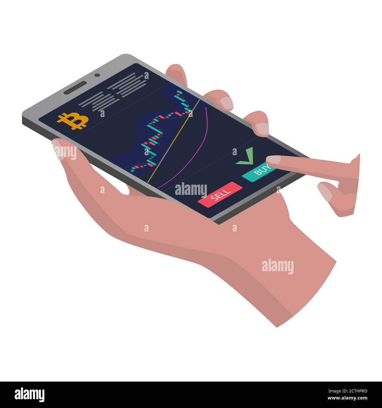 Isometric smartphone in hand with a chart of bitcoin that goes up ...