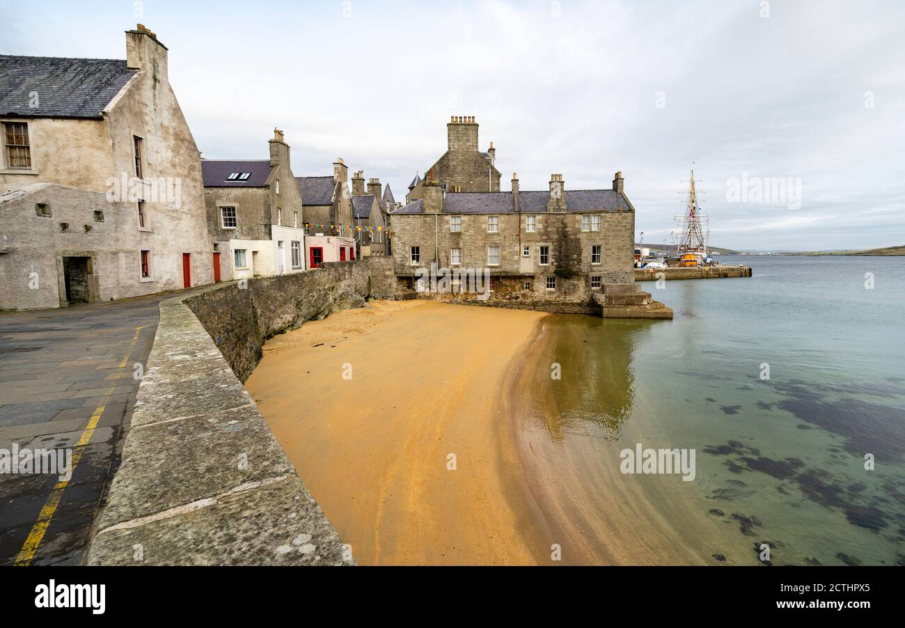 View of Bain's Beach on Commercial Street in old town of Lerwick ...