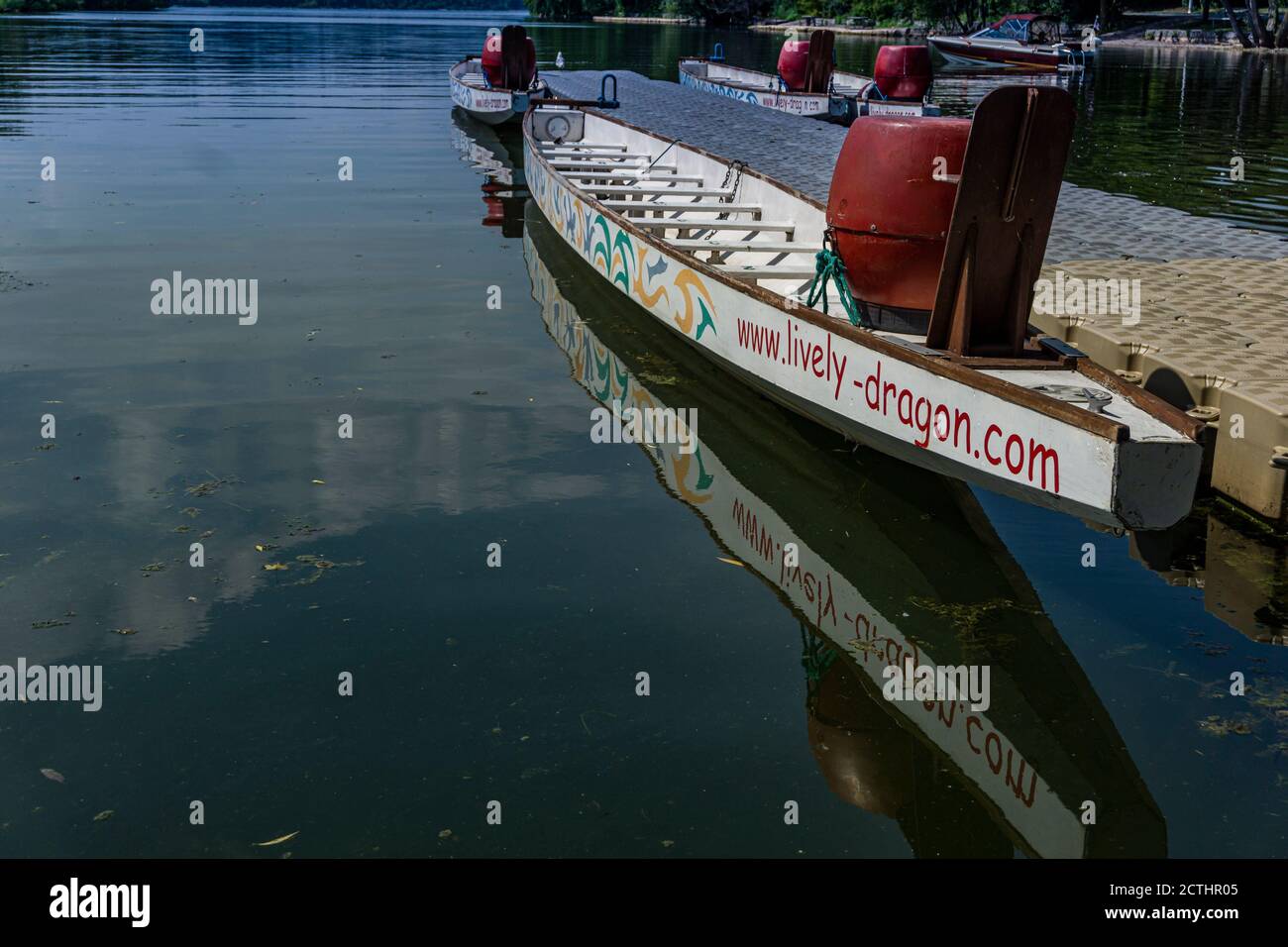 Hamilton, Ontario, Canada, August 2019 - View of a dragon boat waiting ...