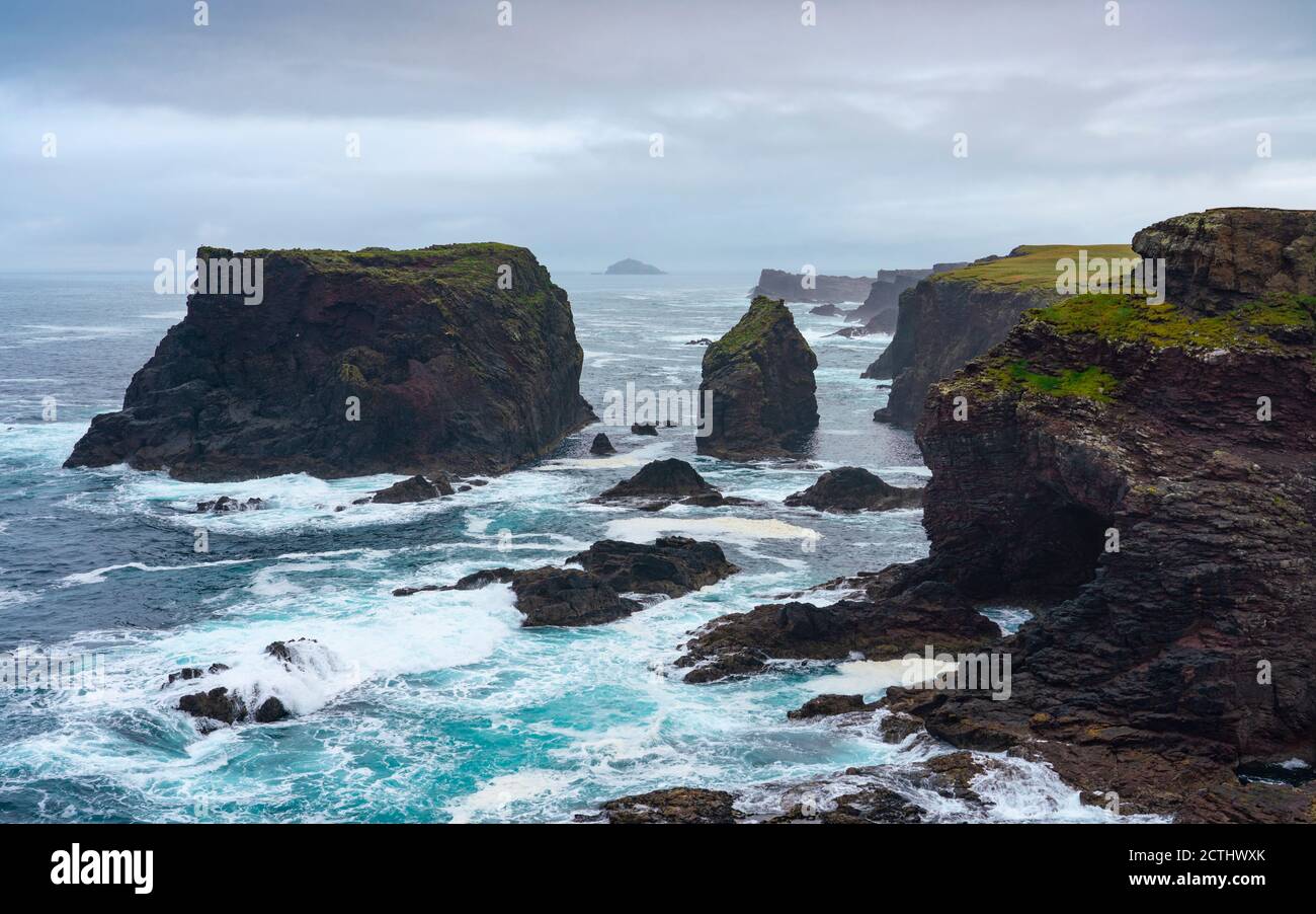 Dramatic cliffs and Moo Stack prominent on coast at Eshaness at ...