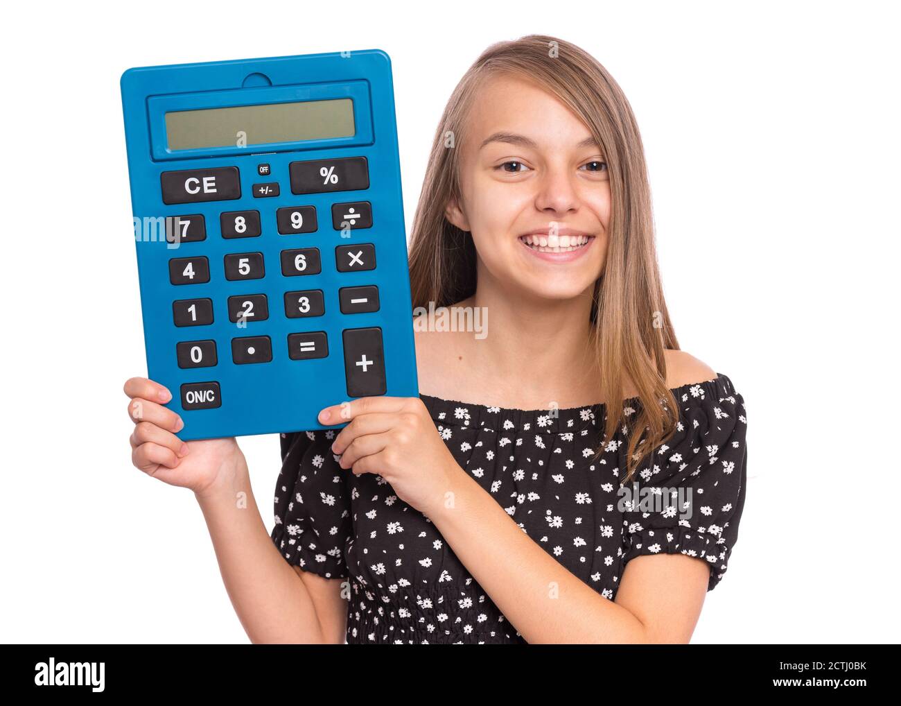 Student holding big calculator. Portrait of funny cute teen girl ...