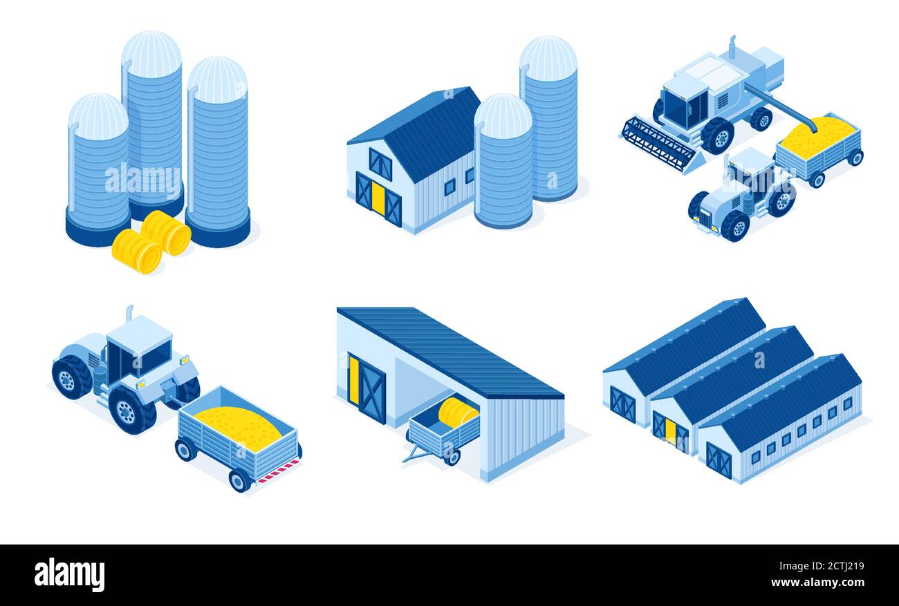 Isometric storehouse, granary and tractor machinery. Warehouse ...