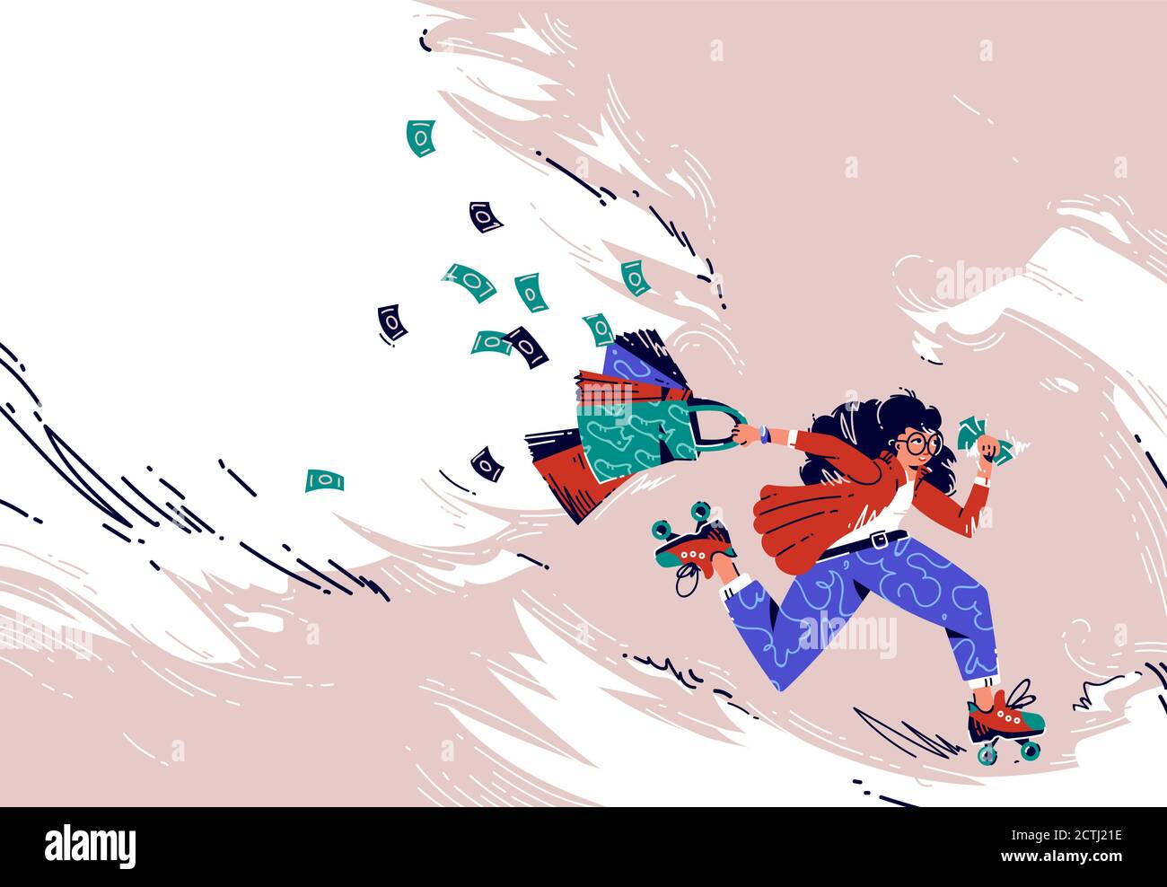 Sale offer banner with running girl on rolling skates with shopping ...