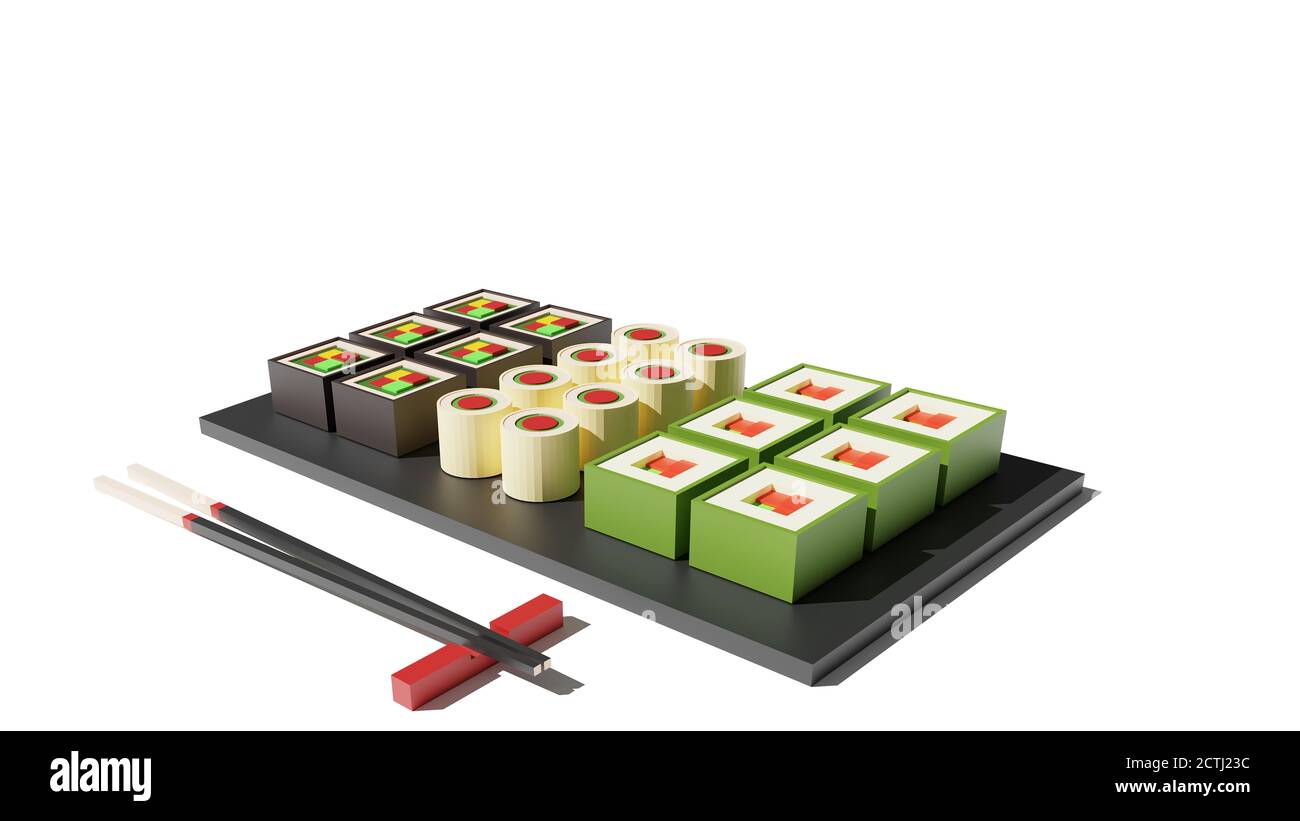 Sushi set 3d rendering low poly model. Sushi rolls and chopsticks on ...