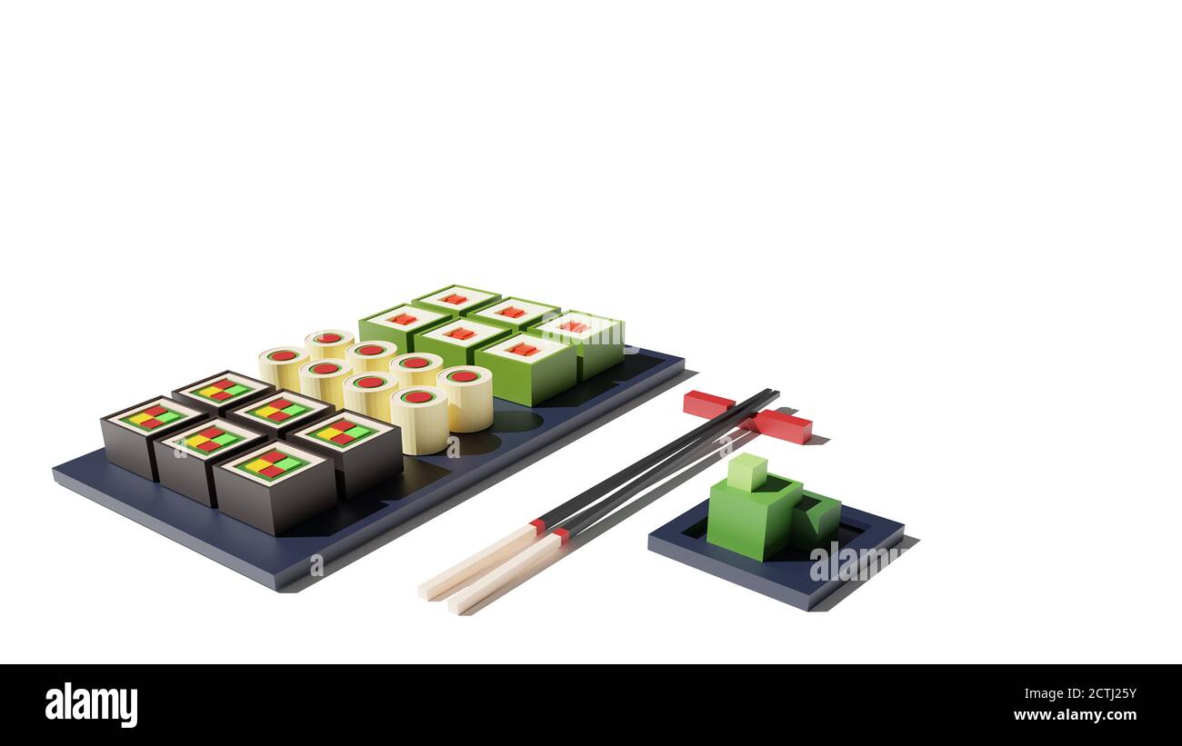Sushi set 3d rendering low poly model. Sushi rolls, wasabi and ...
