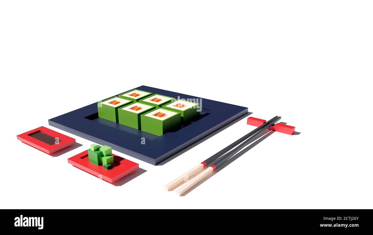 Sushi set 3d rendering low poly model. Sushi rolls, wasabi and ...