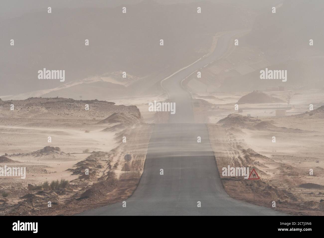 Black asphalt road among the colored desert of Sinai, Egypt, inside a ...