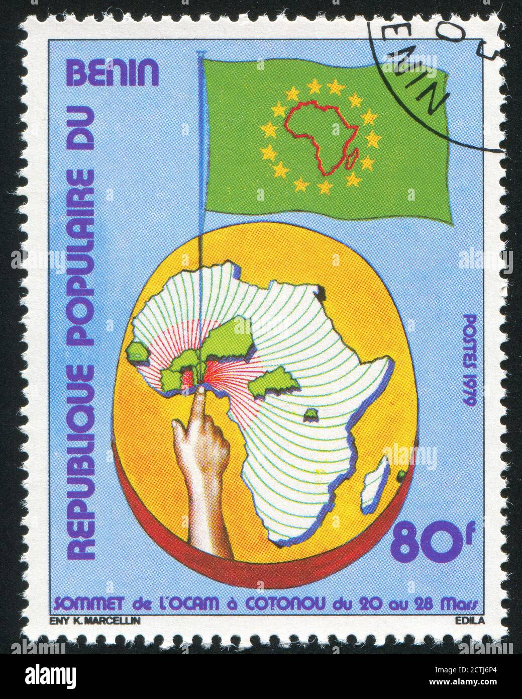 BENIN CIRCA 1979: stamp printed by Benin, shows Flag and Map of Africa ...