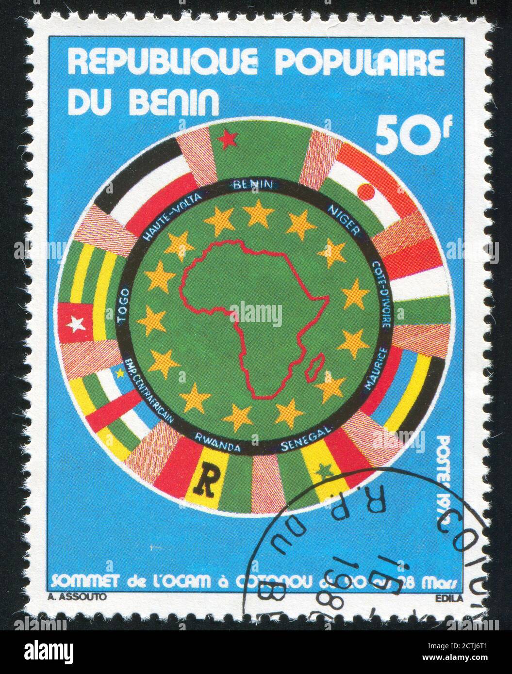 BENIN CIRCA 1979: stamp printed by Benin, shows Map of Africa and Flags ...