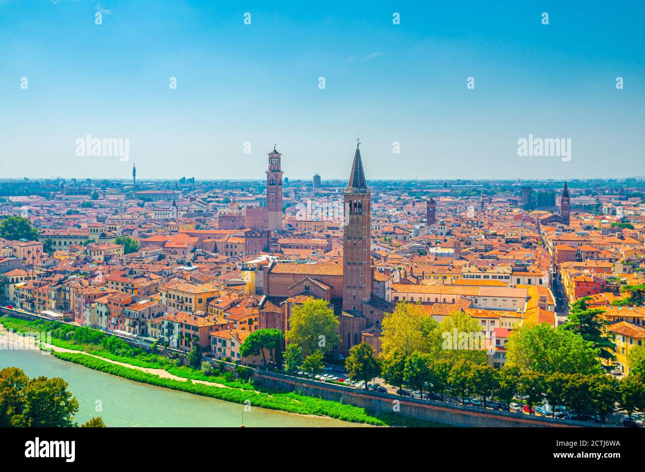 Aerial view of Verona historical city centre, Adige river, church ...
