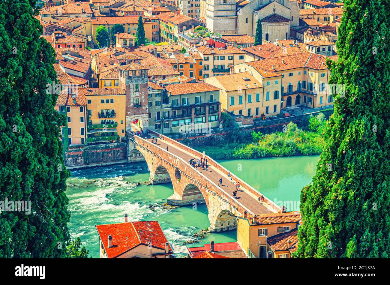 The Ponte Pietra Stone Bridge, Pons Marmoreus, Roman arch bridge across ...