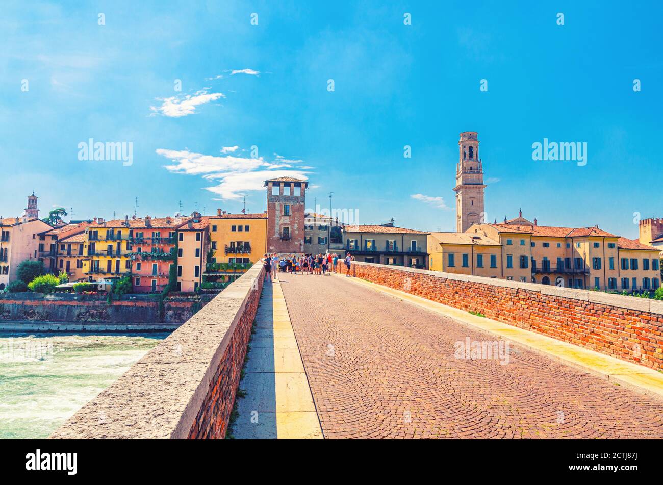 The Ponte Pietra Stone Bridge, Pons Marmoreus, Roman arch bridge across ...