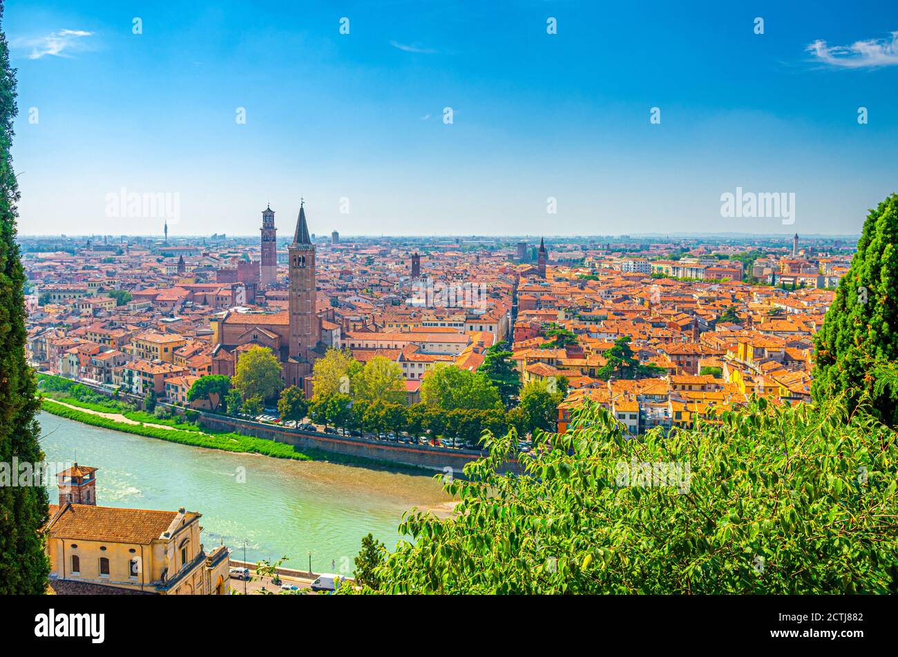 Aerial view of Verona historical city centre, Adige river, church ...