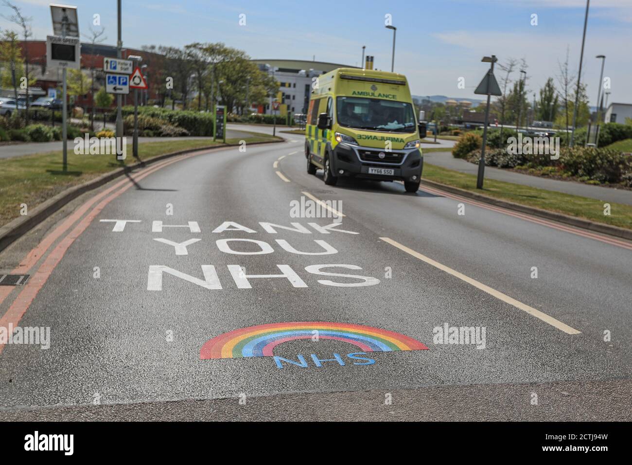 An ambulance passes the ‘Thank You NHS rainbow’ sign at Pinderfields ...