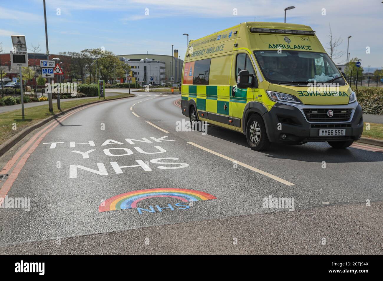 An ambulance passes the ‘Thank You NHS rainbow’ sign at Pinderfields ...