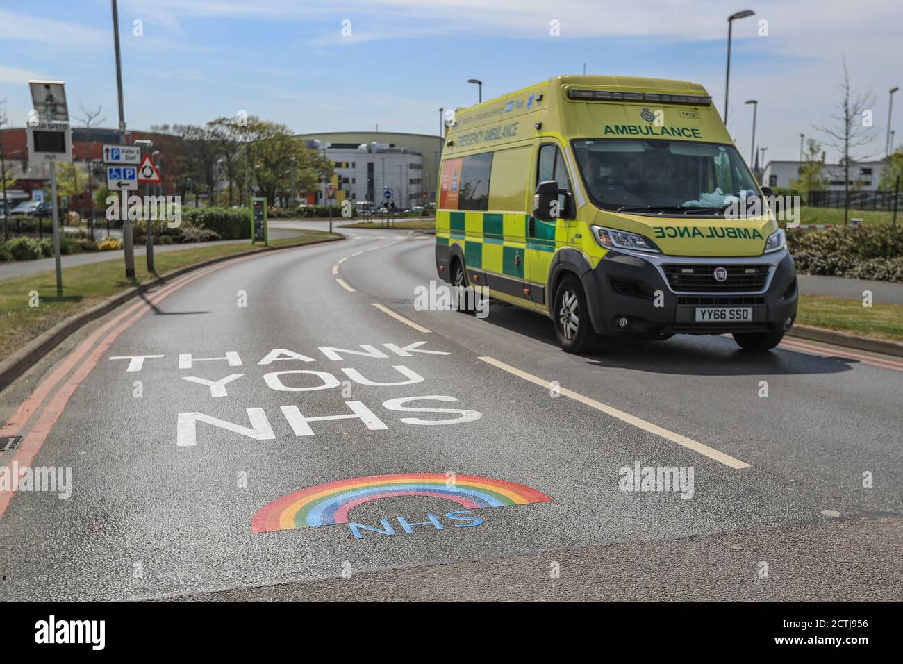 An ambulance passes the ‘Thank You NHS rainbow’ sign at Pinderfields ...
