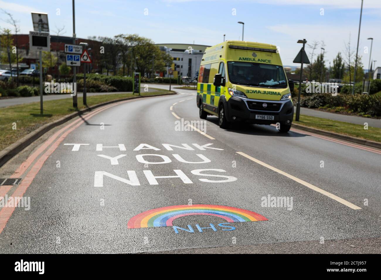 An ambulance passes the ‘Thank You NHS rainbow’ sign at Pinderfields ...