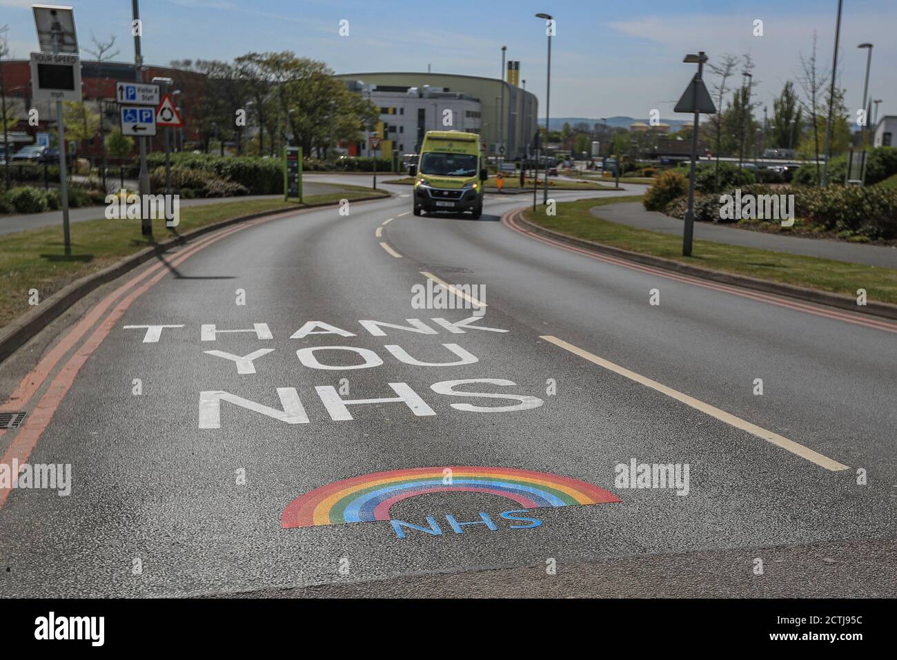 An ambulance passes the ‘Thank You NHS rainbow’ sign at Pinderfields ...