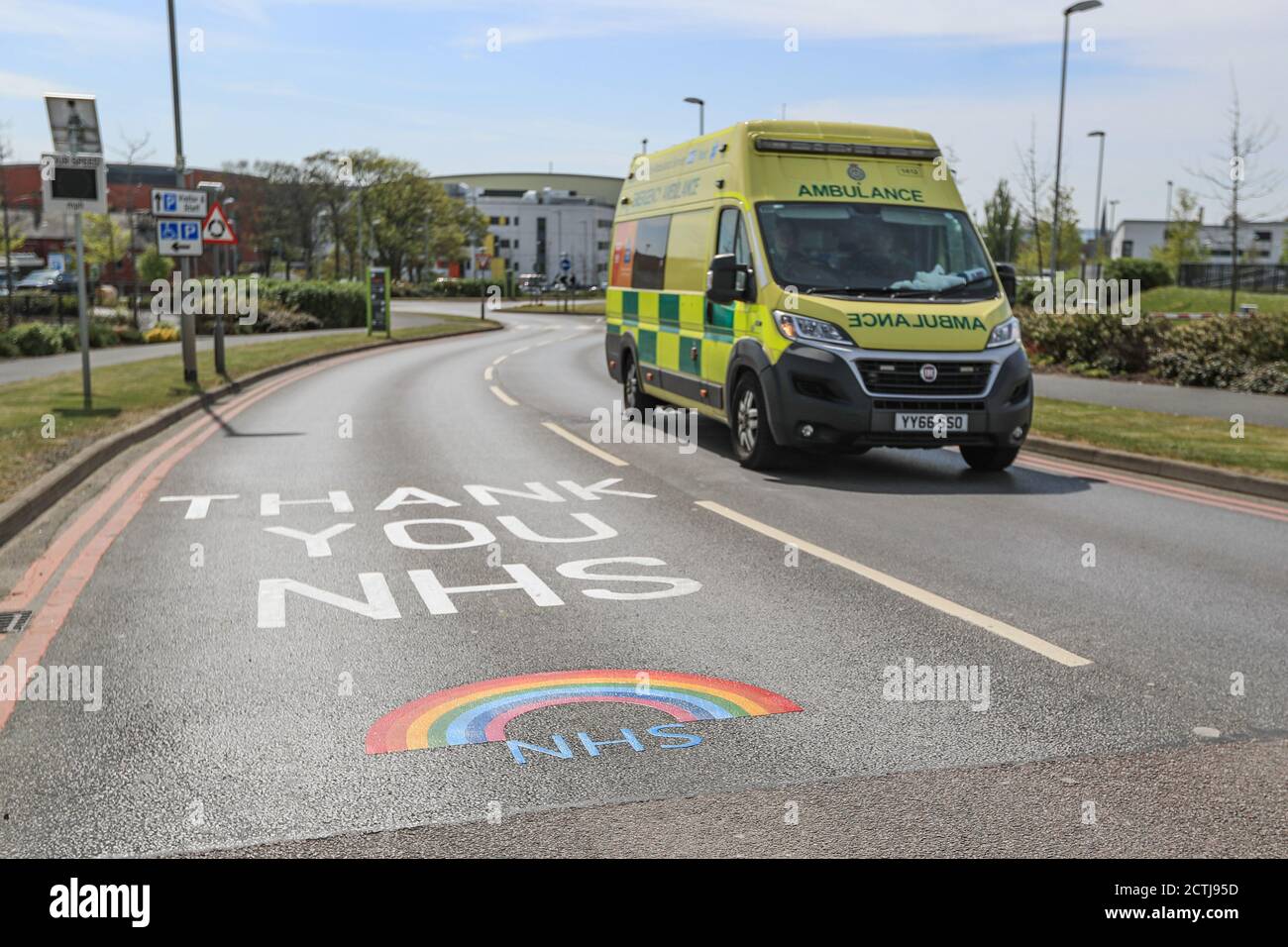 An ambulance passes the ‘Thank You NHS rainbow’ sign at Pinderfields ...