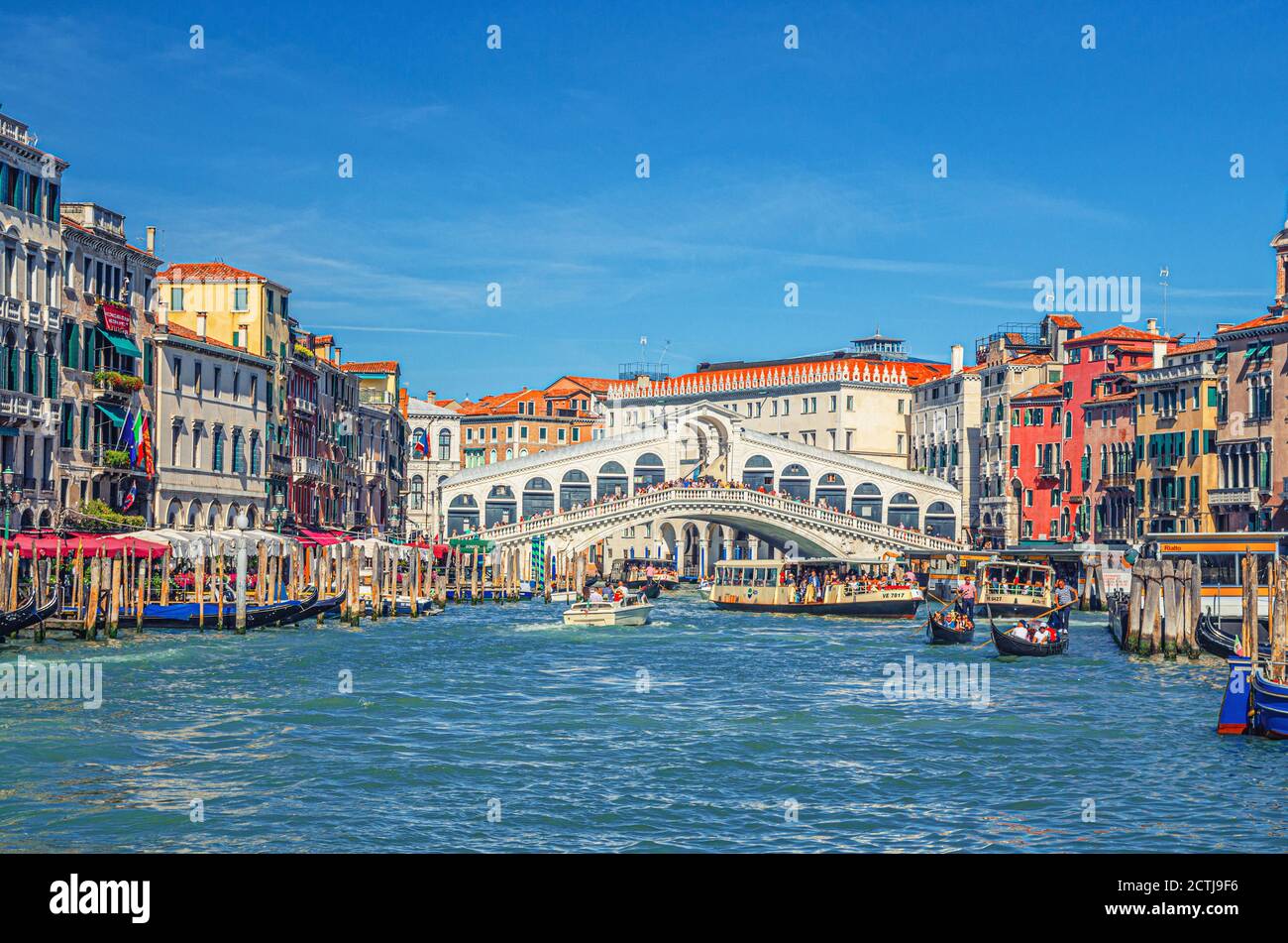 Venice, Italy, September 13, 2019: cityscape with Rialto Bridge across ...