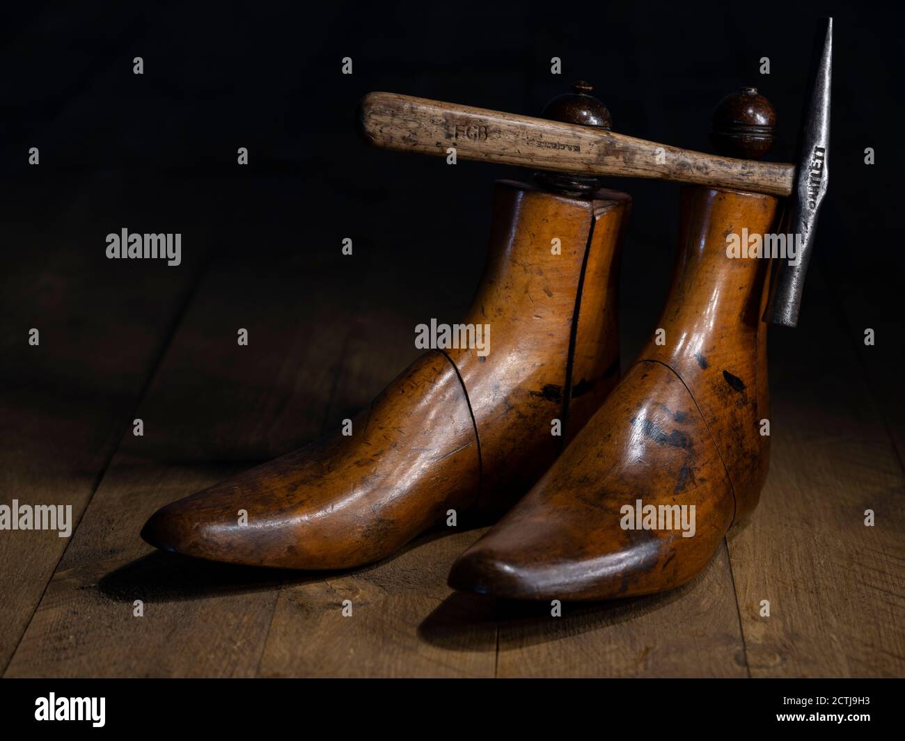 Pair of vintage wooden cobblers shoe lasts and traditional cobblers ...