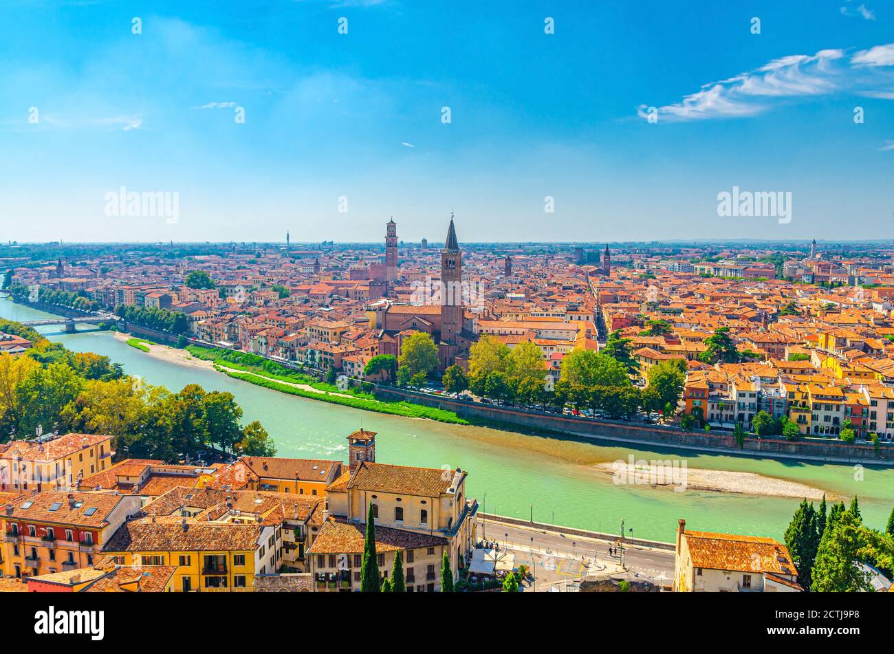 Aerial view of Verona historical city centre, Adige river, church ...