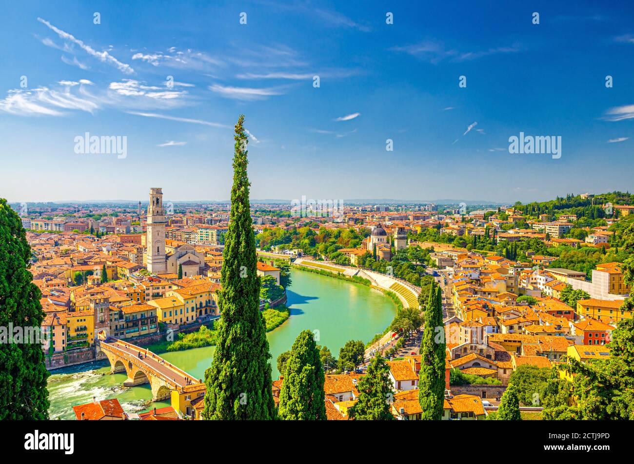 Aerial view of Verona historical city centre, Ponte Pietra bridge ...