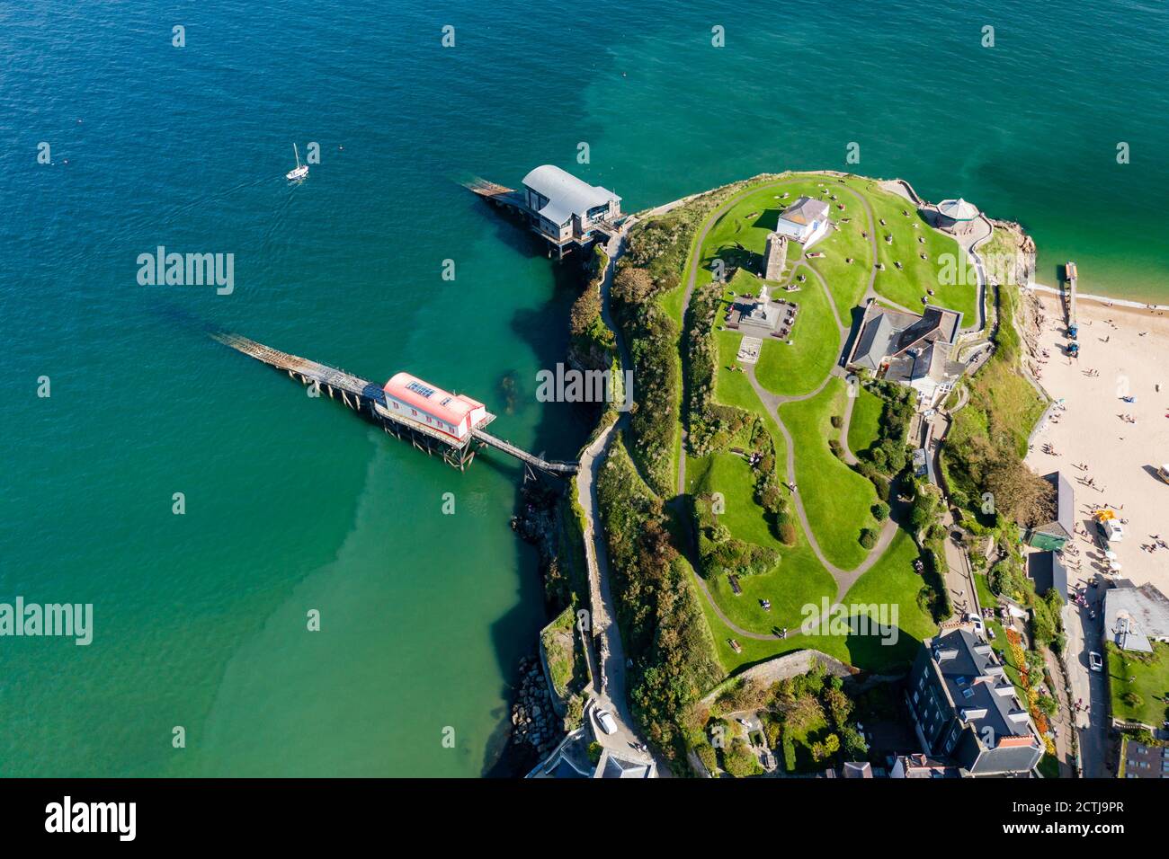 Aerial view of the old lifeboat stations and park area of Tenby in ...