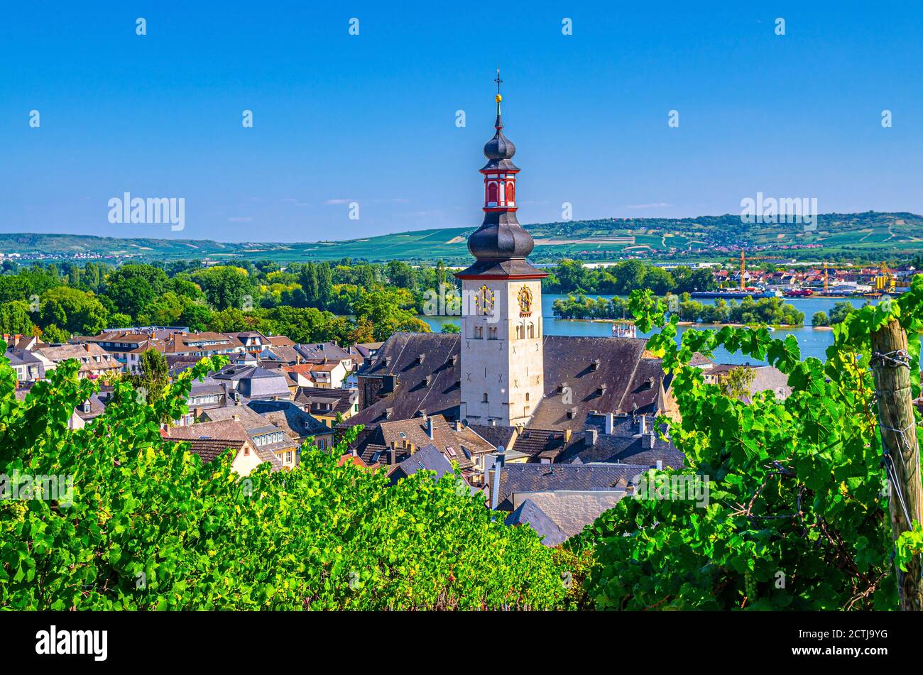 Aerial view of Rudesheim am Rhein historical town centre with clock ...