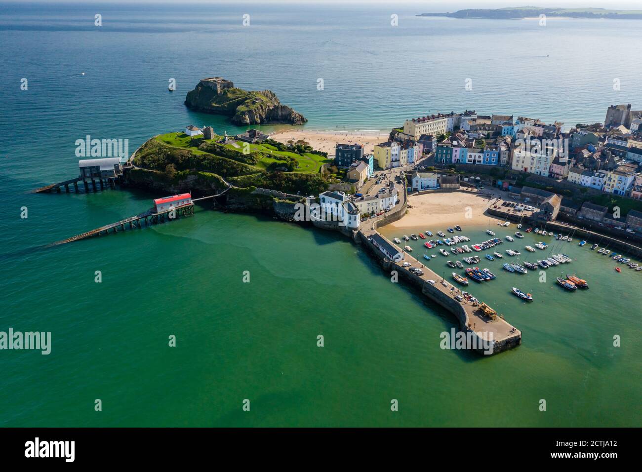 Aerial view of the harbour and colorful buildings in the Welsh tourist ...