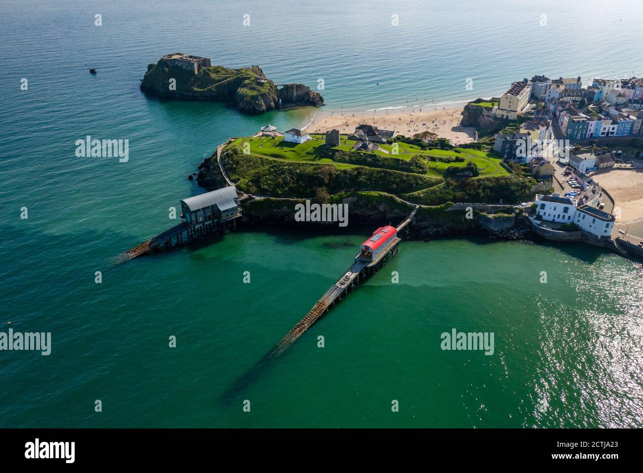 Aerial view of the old lifeboat stations and park area of Tenby in ...