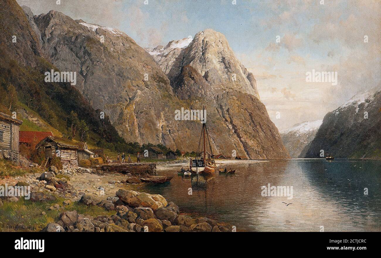 Askevold Anders Monsen - Fjordlandskap Med Folkeliv Dampbåten Kommer 2 ...