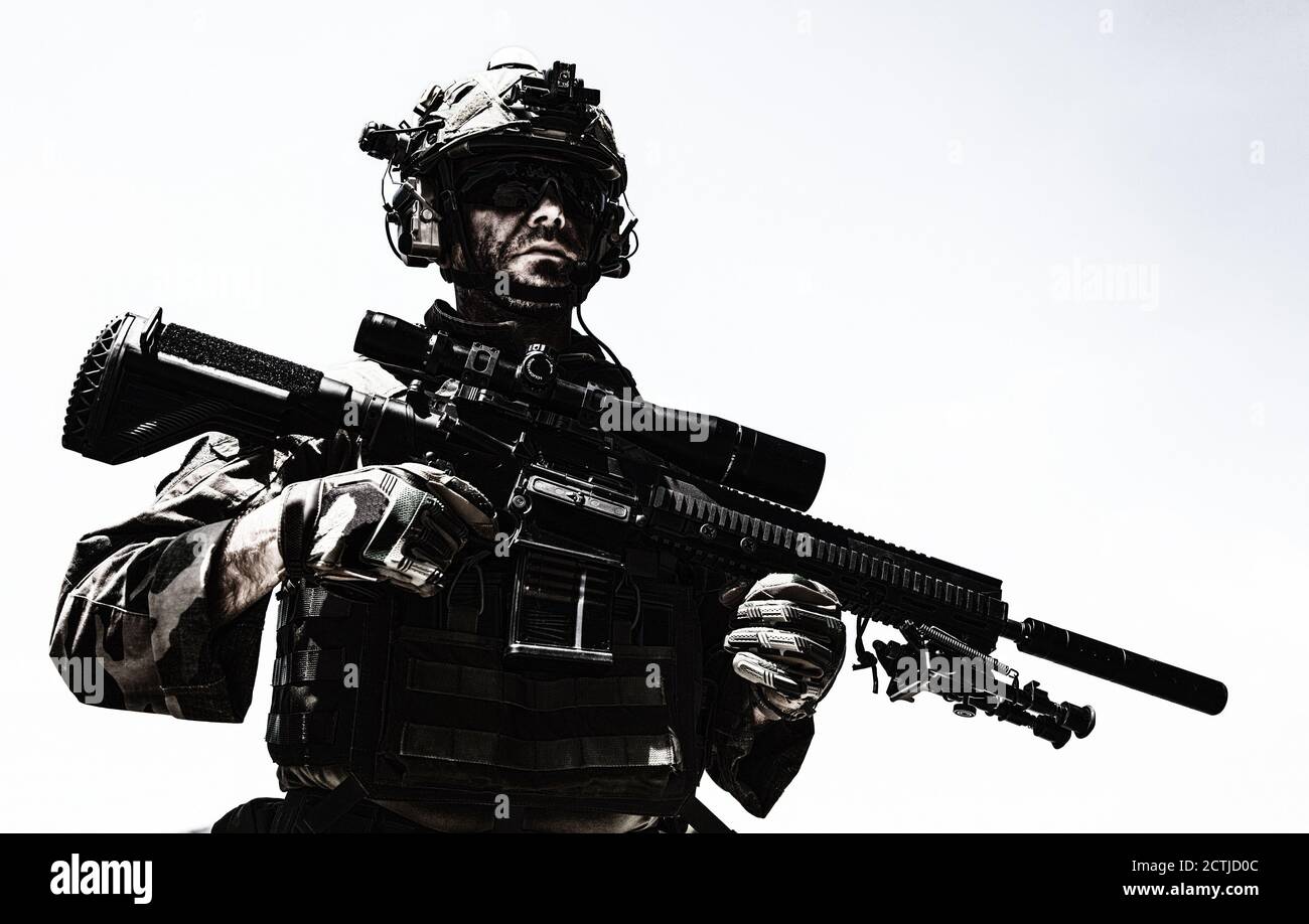 Half-length portrait of special forces sniper or marksman, army soldier ...