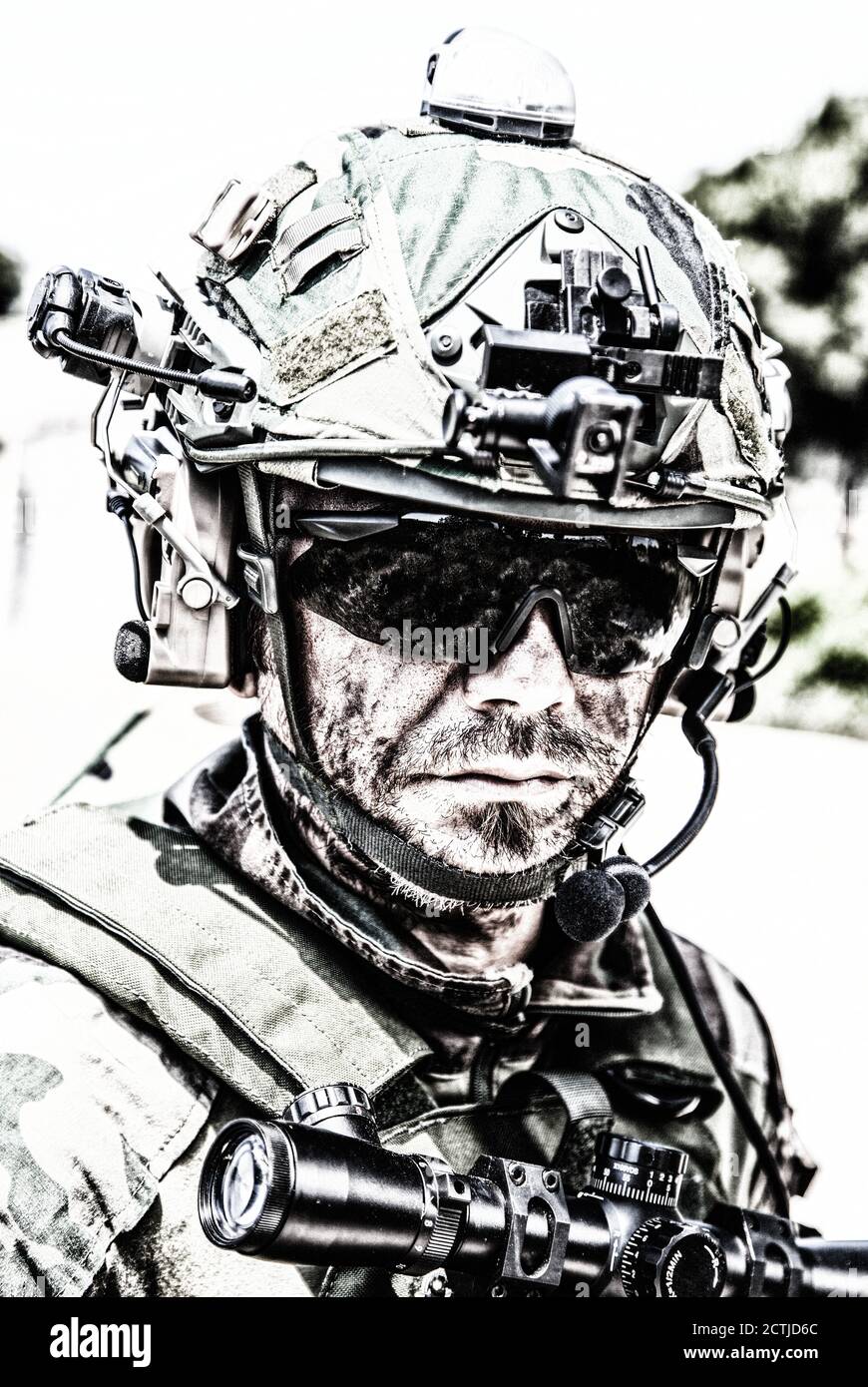 Shoulder portrait of army soldier, special forces fighter, modern ...