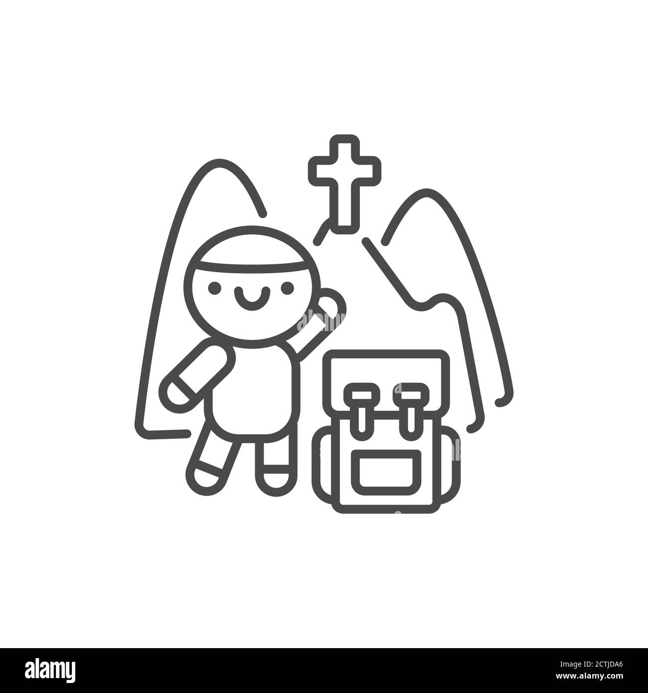 Pilgrimage line black icon. Cute character with backpack kawaii ...
