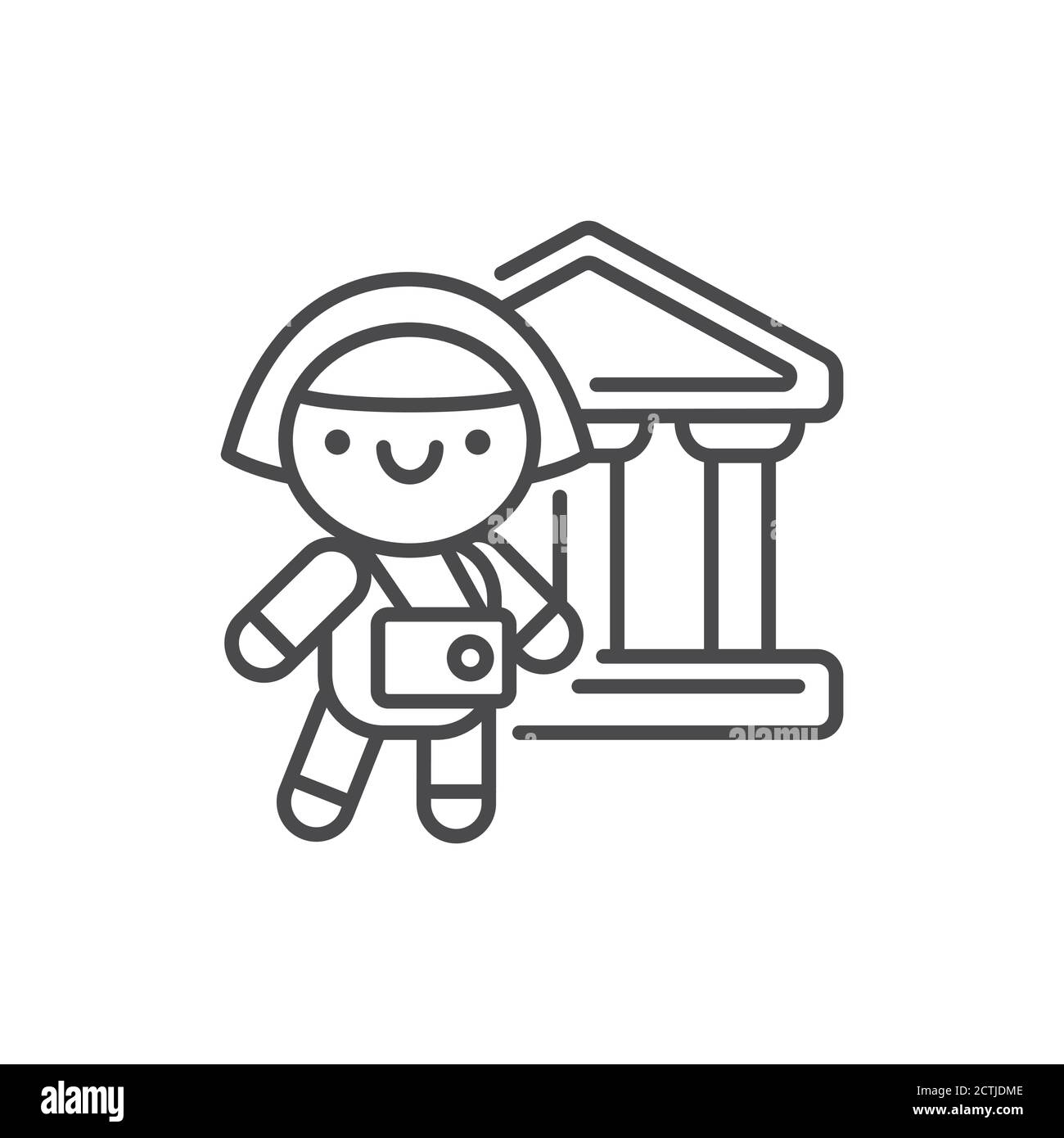 Cultural and educational tourism line black icon. Cute girl with camera ...