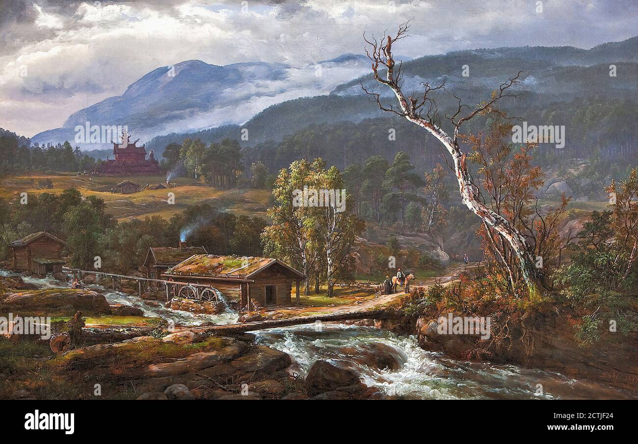 Dahl Johan Christian Clausen - Landscape at Kaupanger with Stave Church ...