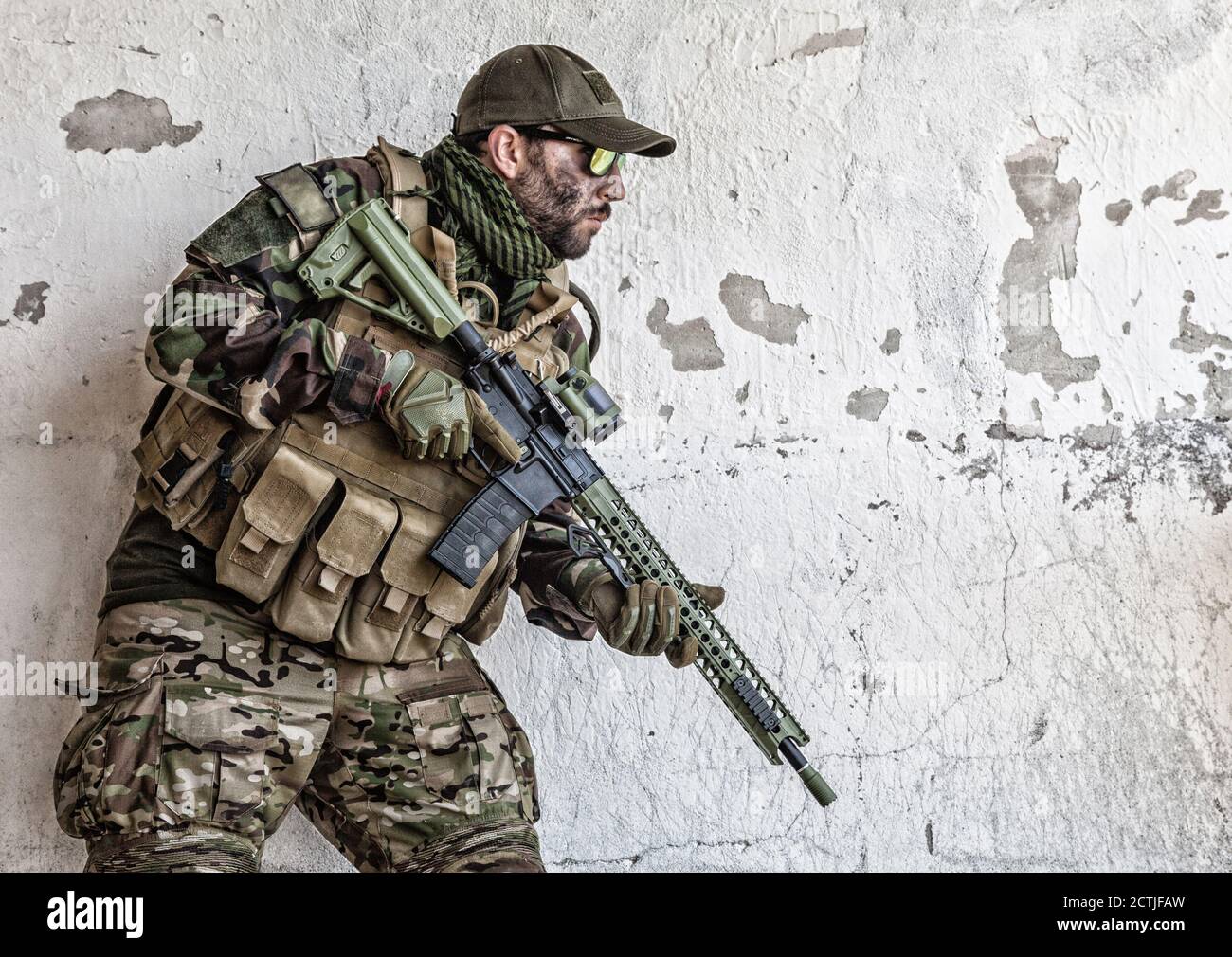 Army Soldier Special Operations Forces Rifleman In Camouflage Uniform Load Carrier Glasses