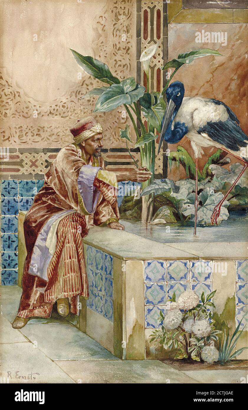 Ernst Rudolf - Fountain with Man and Stork - Norwegian School - 19th ...