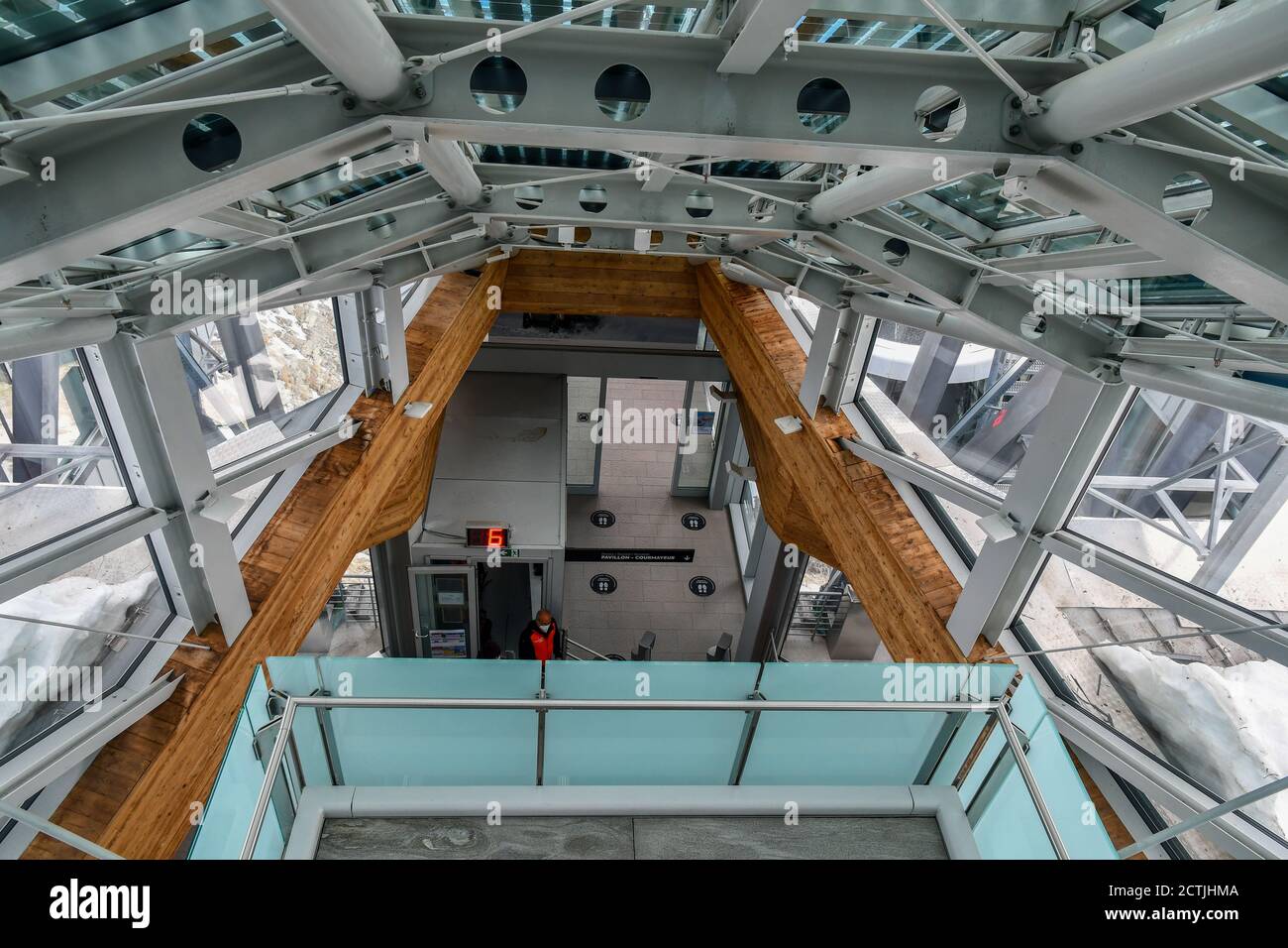 High-angle view of the interior of Pointe Helbronner station of Skyway ...