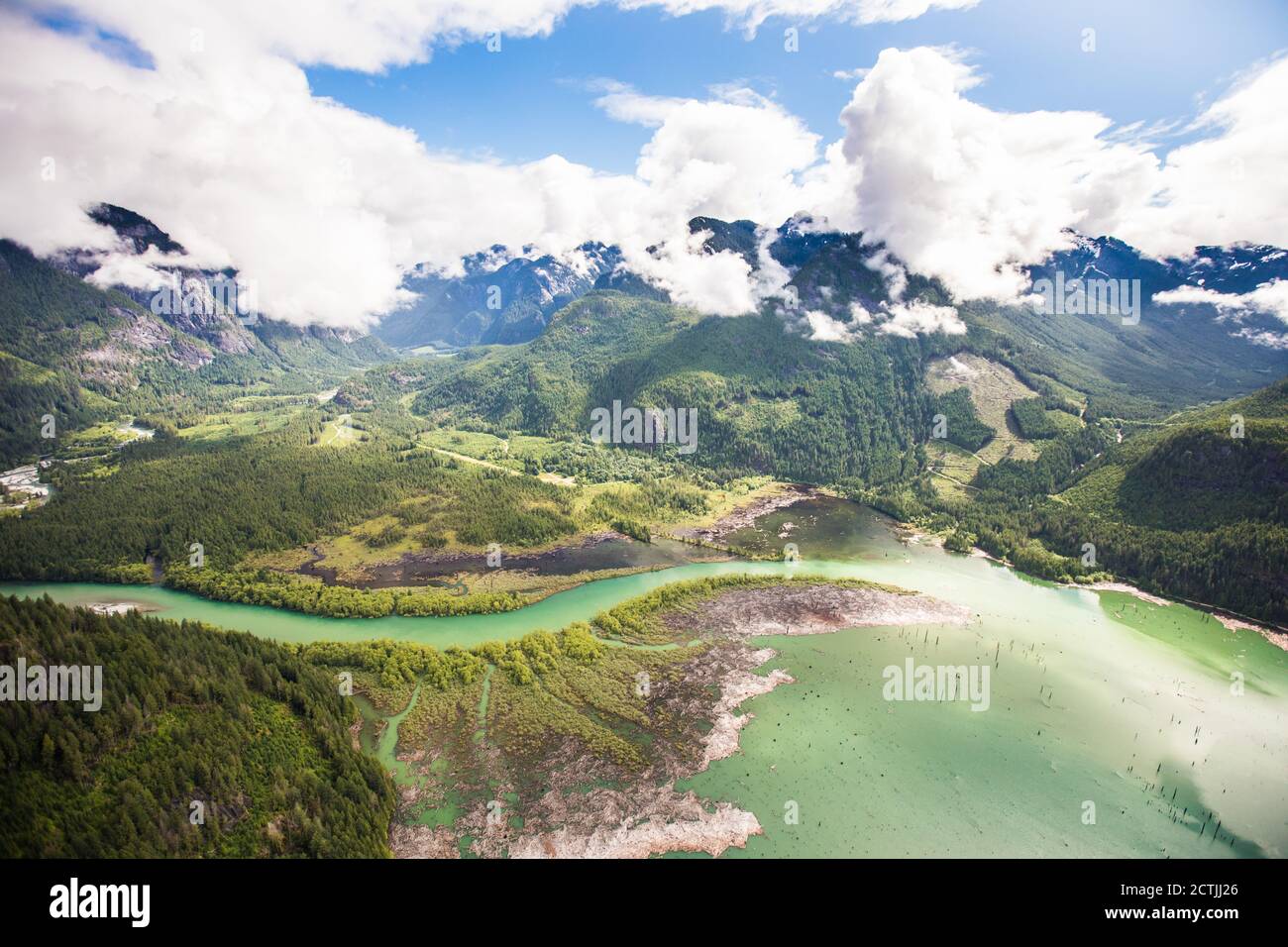 Aerial view of the Stave River flowing into Stave Lake, Mission, B.C ...