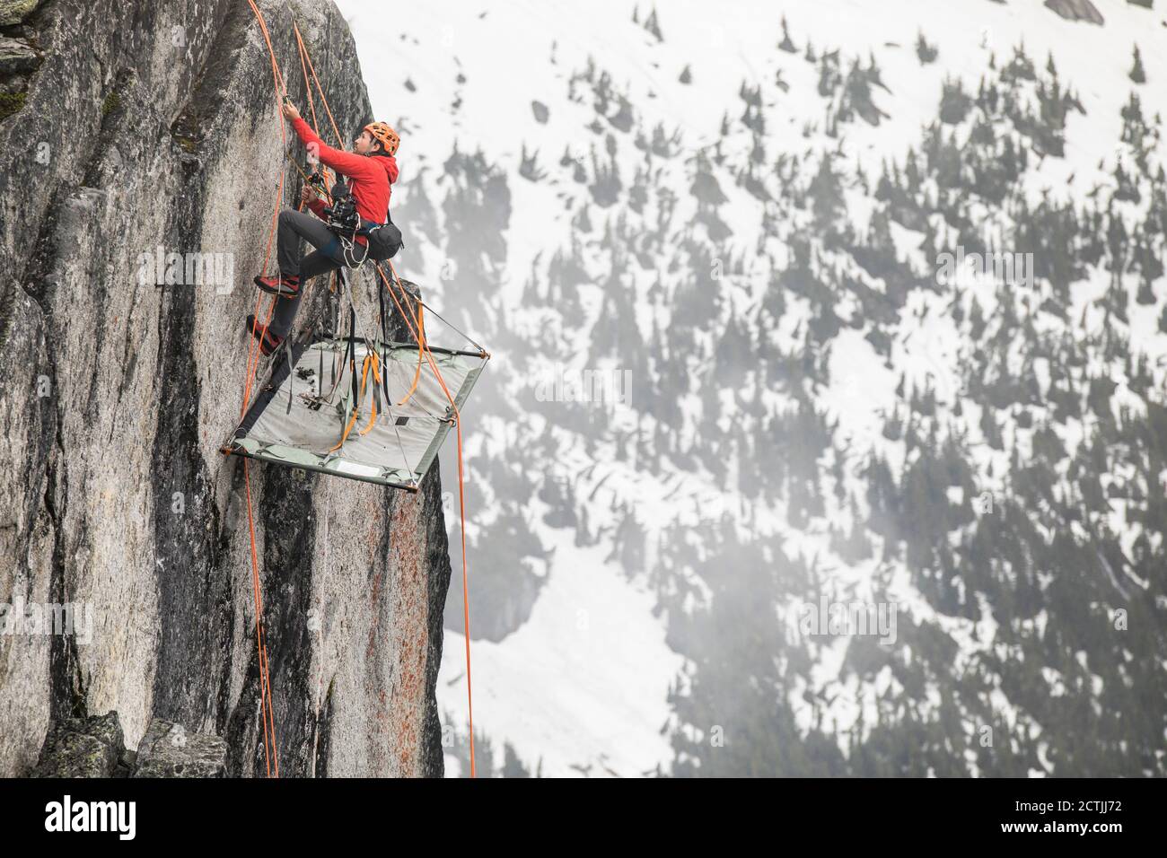 Rock climber uses prusik to ascend cliff above portaledge Stock Photo ...