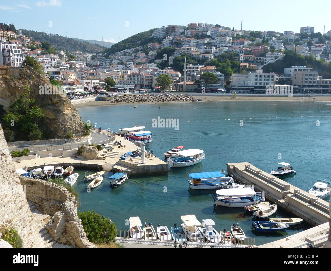 Old town Ulcinj, Montenegro. Scenic little port for boat. Cityscape ...