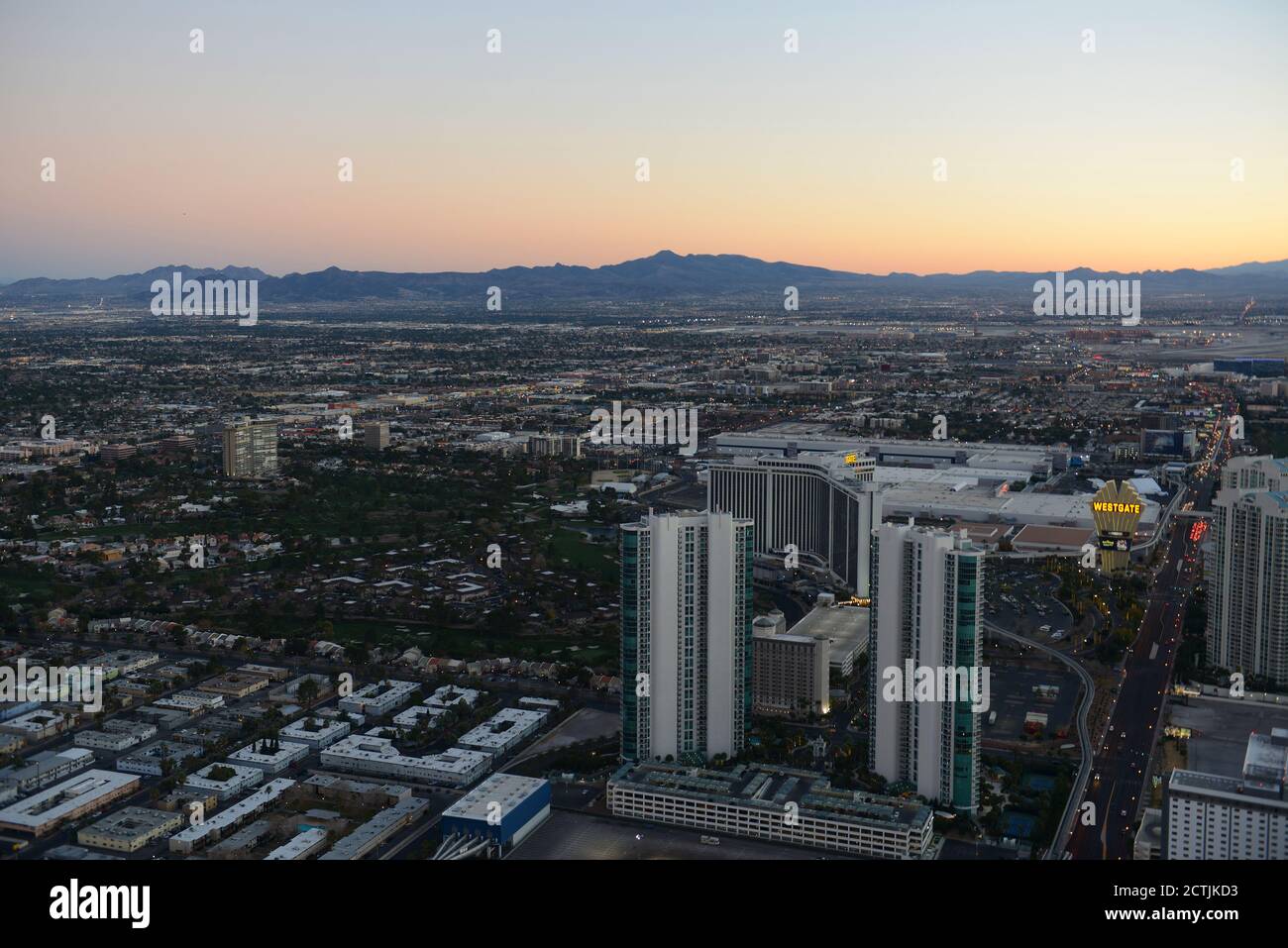 Westgate Las Vegas aerial view at sunset from top of the Stratosphere ...