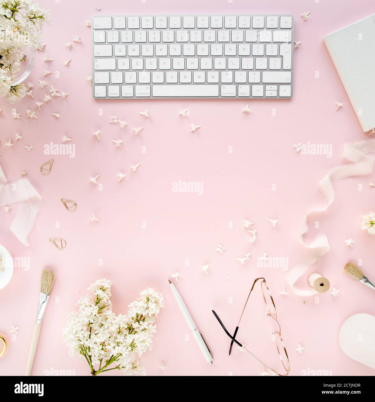 Office table desk with computer, lilac, clipboard. magazines. Top view ...
