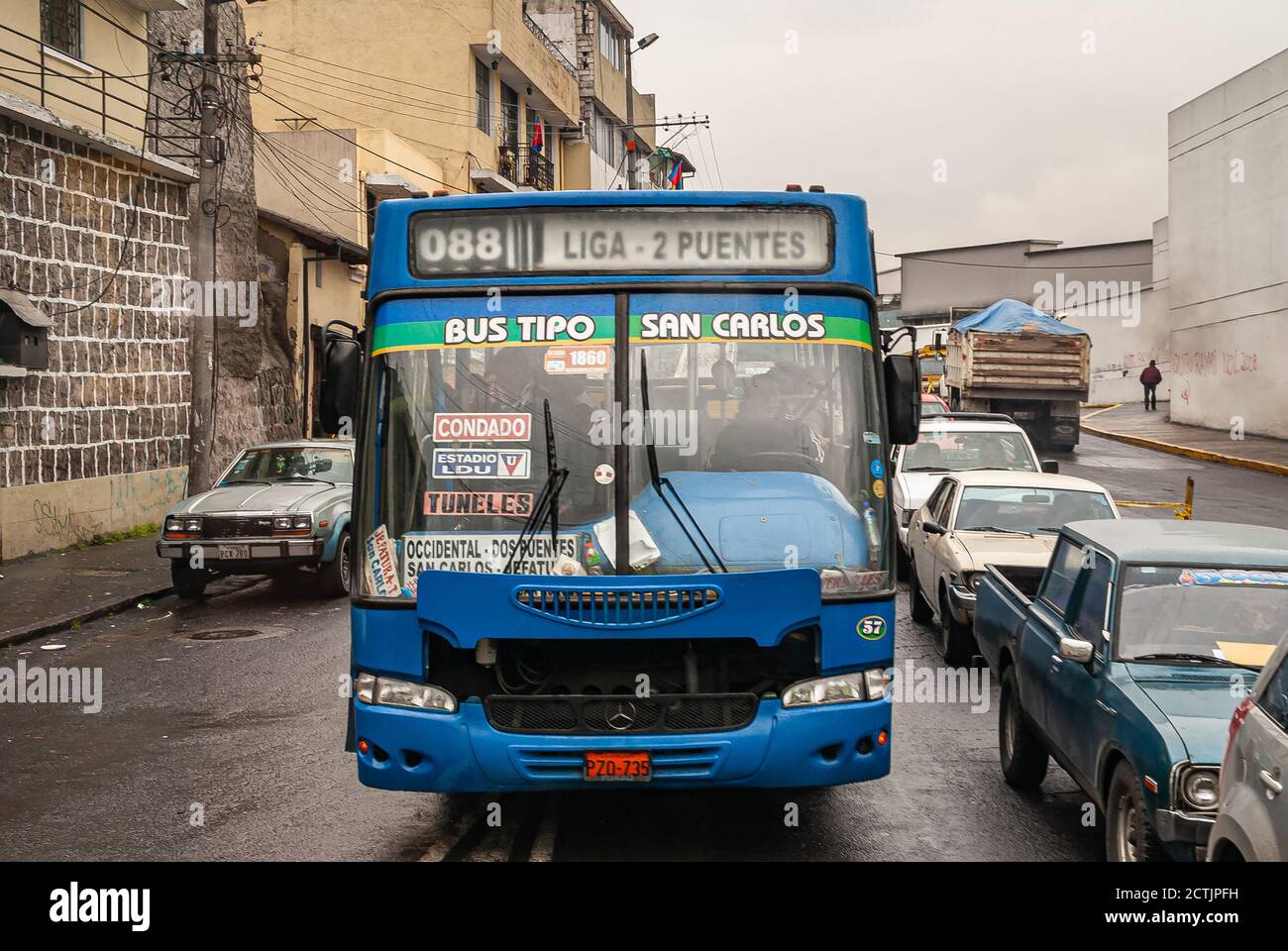 Quito, Ecuador - December 2, 2008: Frontal closeup of blue private ...